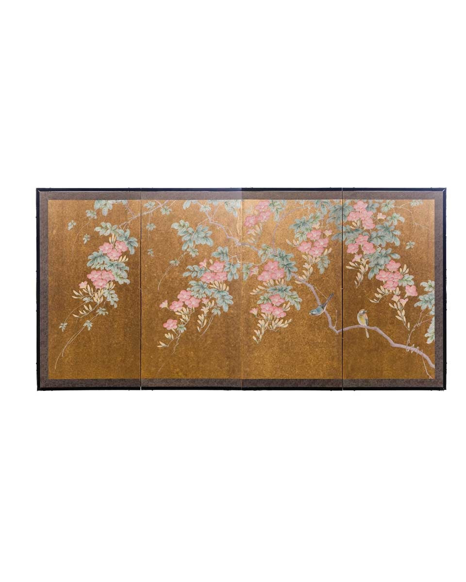 Japanese Rinpa-Style "Flowers and Birds" Chinoiserie 4-Panel Screen ...